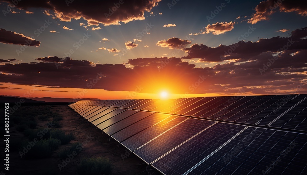 Sunset sky serving as a backdrop for photovoltaic modules of a solar ...