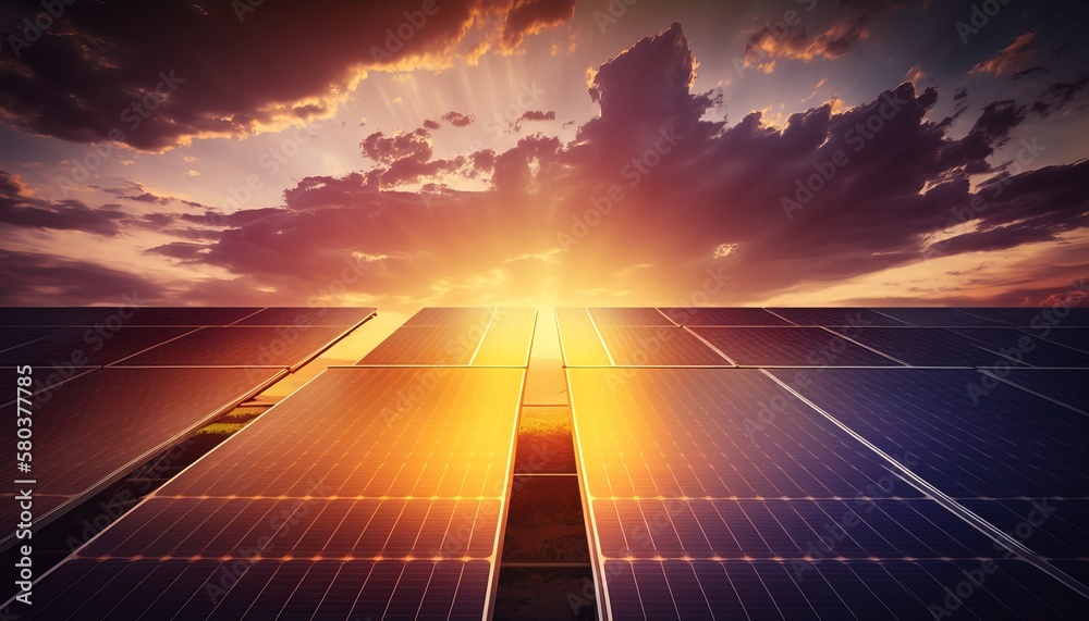 A dramatic sunset sky background enhances the photovoltaic modules of ...