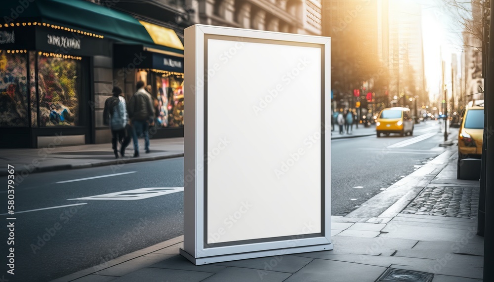 Mockup of an advertising lightbox with a white poster, on a blurry ...