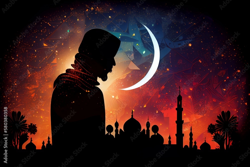 Islamic background, Muslim man, Mosque, moon, star, coloring Islamic ...