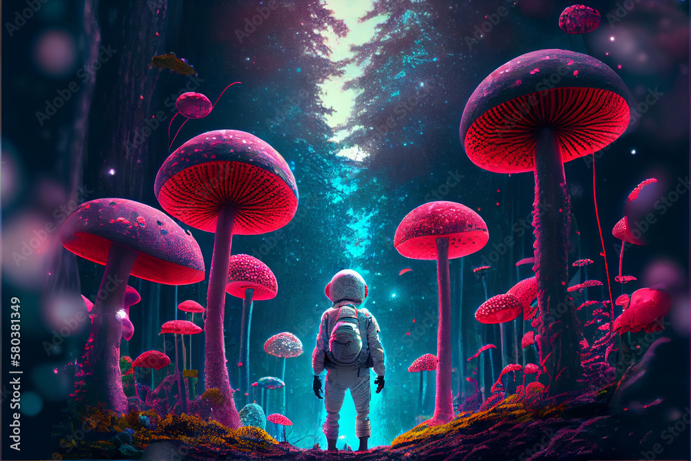 Psychedelic illustration. An astronaut in a spacesuit stands in a ...