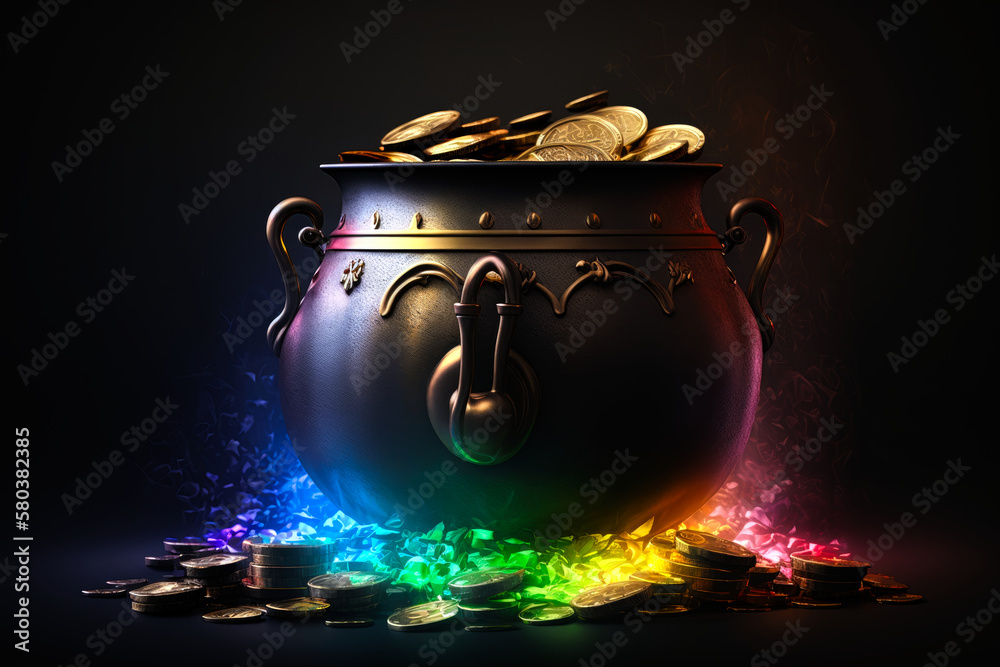 fictional iron pot filled with gold coins and decorated with rainbow ...