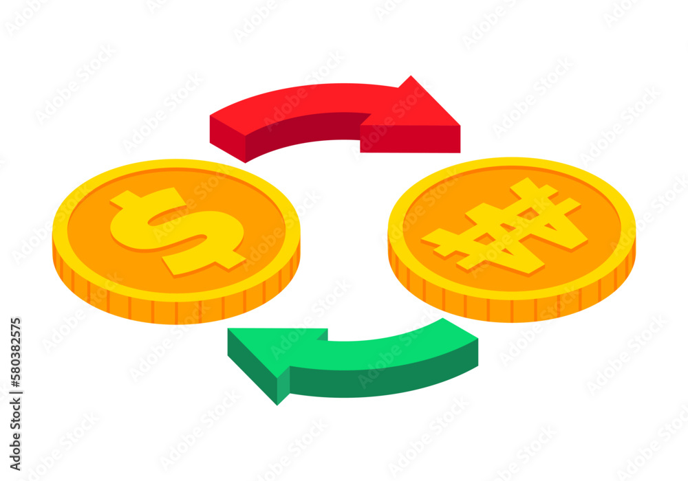 Isometric money exchange icon. Dollar to Won cash exchange. Gold coins ...