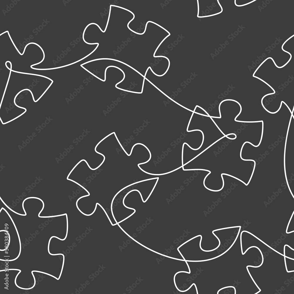 Monochrome outline puzzle pieces vector seamless pattern. One line ...