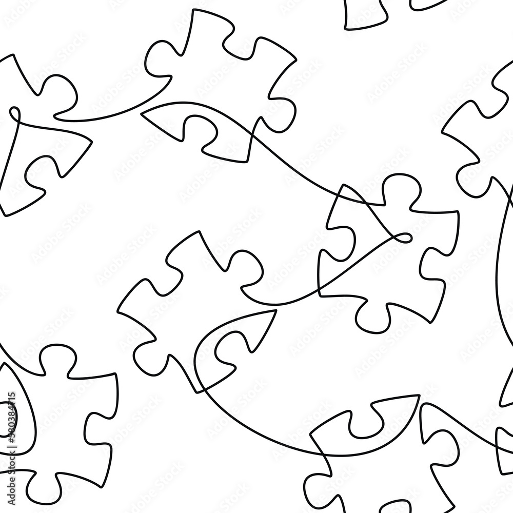 Outline puzzle pieces vector seamless pattern. One line continuous ...