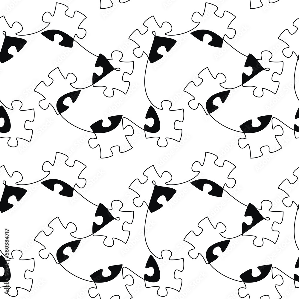 Abstract outline puzzle pieces vector seamless pattern. One line ...