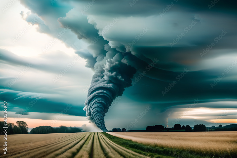 Dramatic landscape with dangerous and scary tornado in yellow-green ...