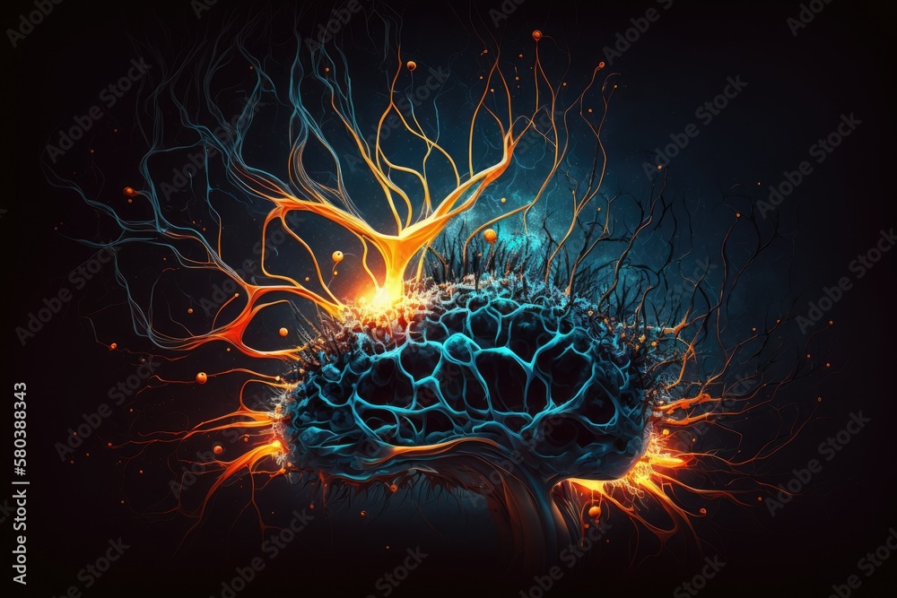 The human brain explodes with colored active neuron endings, future ...