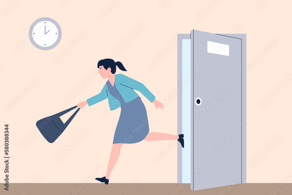 Female leaving office. Woman run from open door, from home or job ...