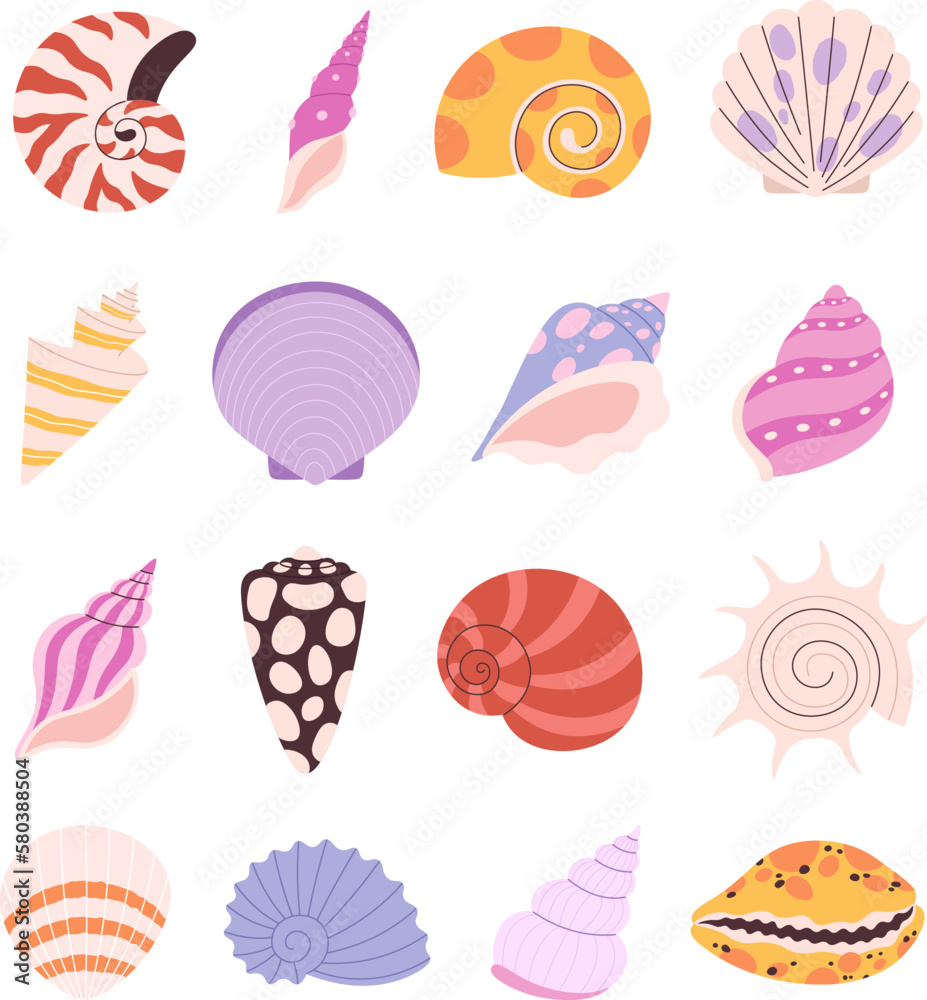 Seashell, oyster, clam set. Cartoon seashells and starfish, ocean ...