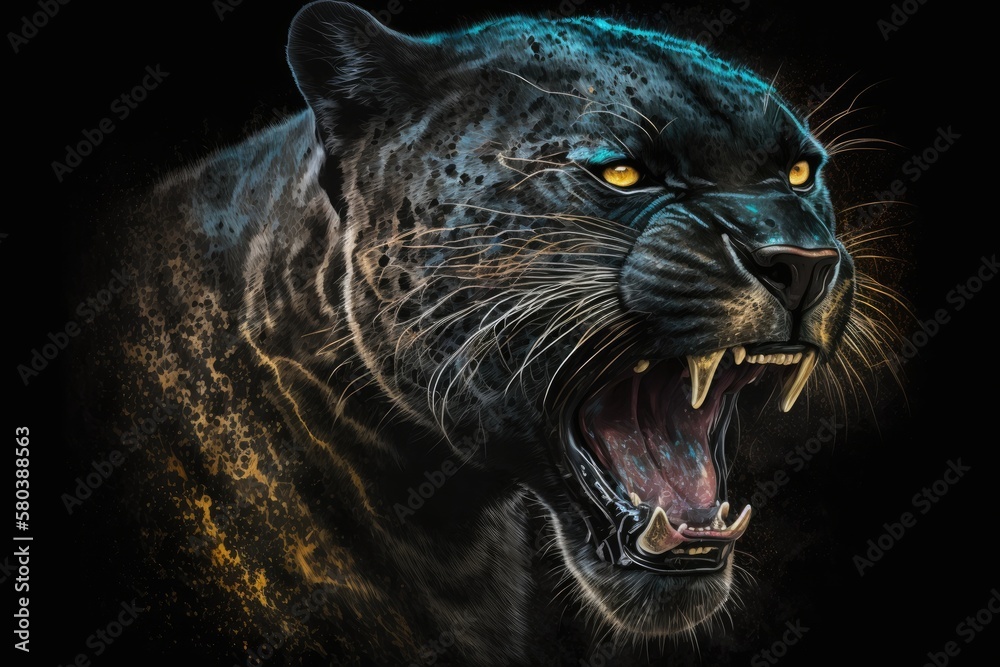 Digital painting of a roaring black panther on a black background. Generative AI Stock ...