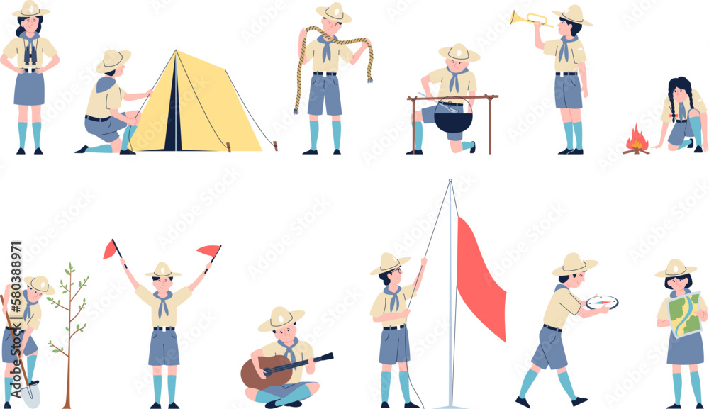Kids in scout costumes. Children scouts flat characters, young students ...