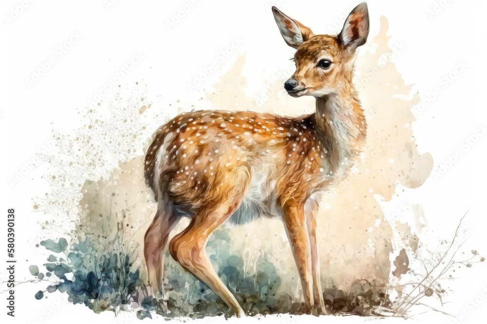 Young forest deer. Beautiful picture of a fawn. Watercolor bambi ...