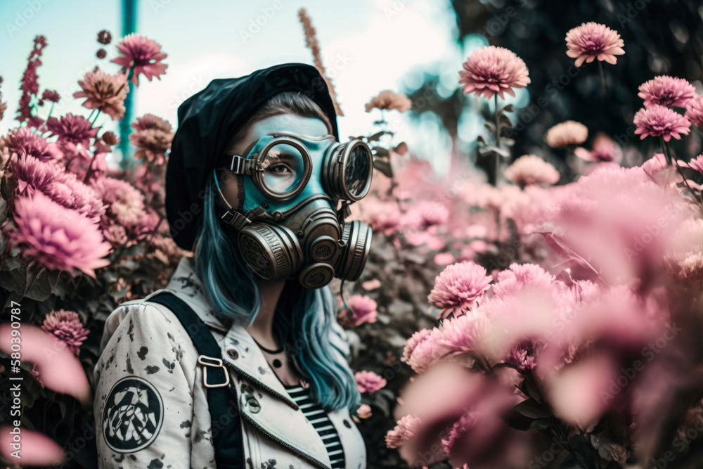 Young girl allergic to pollen wearing an anti-gas mask in the city ...