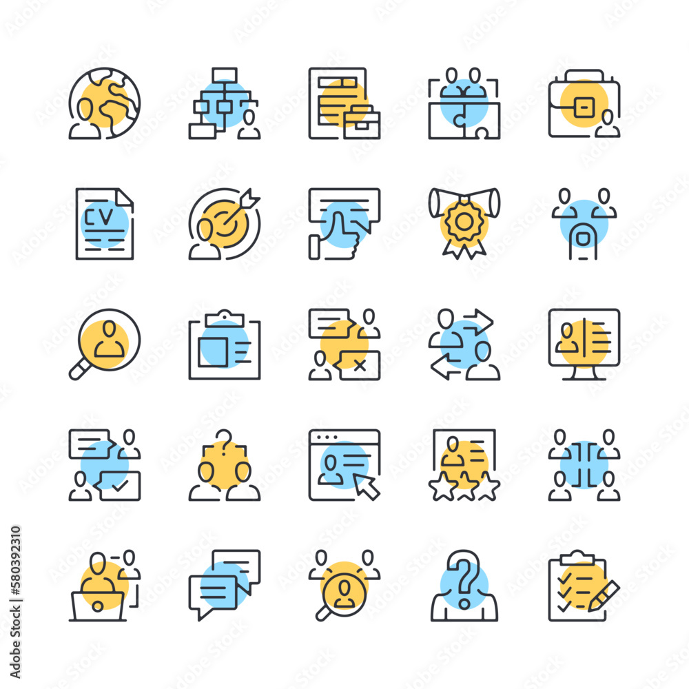 Human resources line icons. Set of employment icons. Black, blue and ...