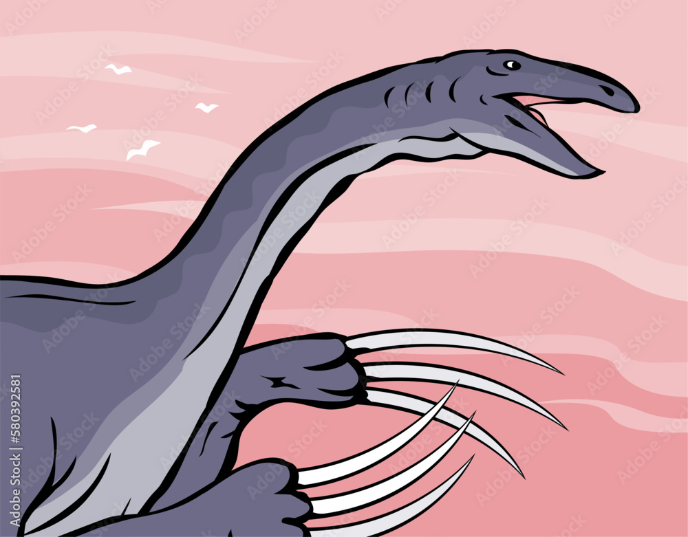 Ancient lizard therizinosaurus. Long claws on paws. Herbivorous ...