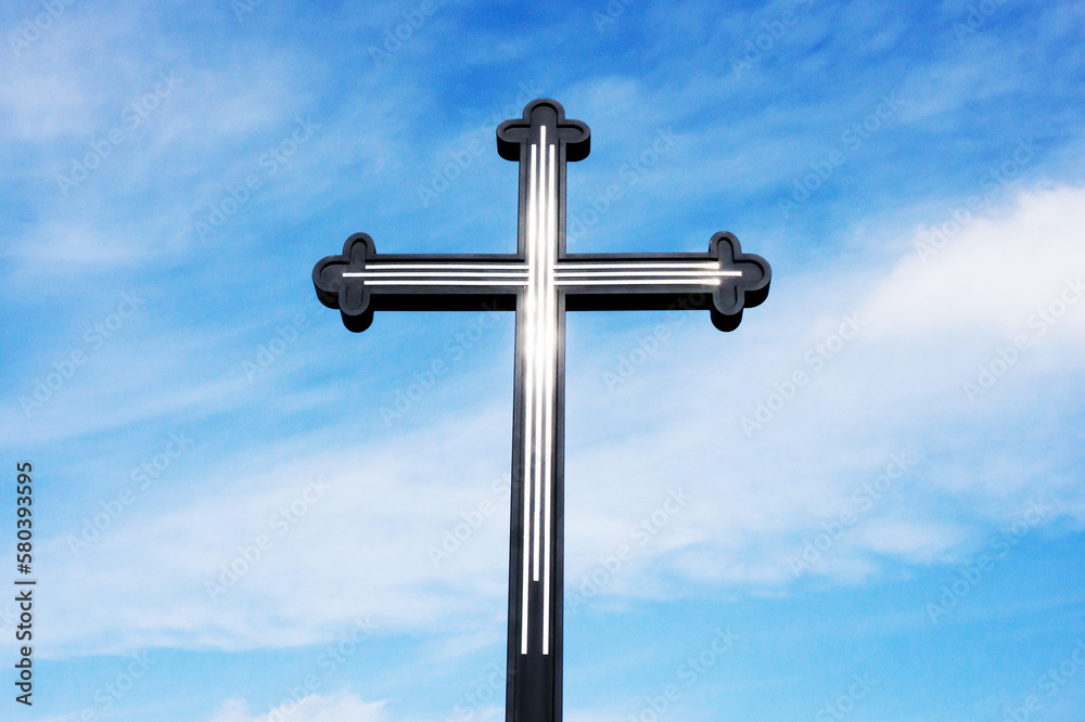 Big metal christian cross high in the blue sky. Symbol of love for ...