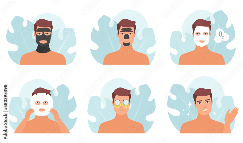 Skincare routine steps of man in bathroom cartoon flat vector ...