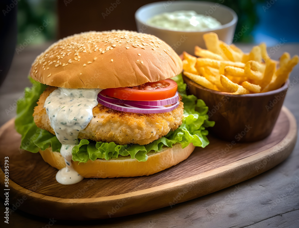 A delicious fish burger with a golden, crispy panko-breaded fish fillet ...