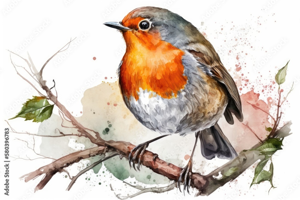 Watercolor picture of a robin. Small bird in a garden, drawn by hand up ...