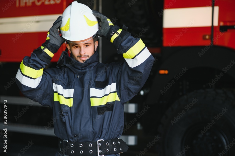 Firefighter portrait on duty. Photo fireman with gas mask and helmet ...