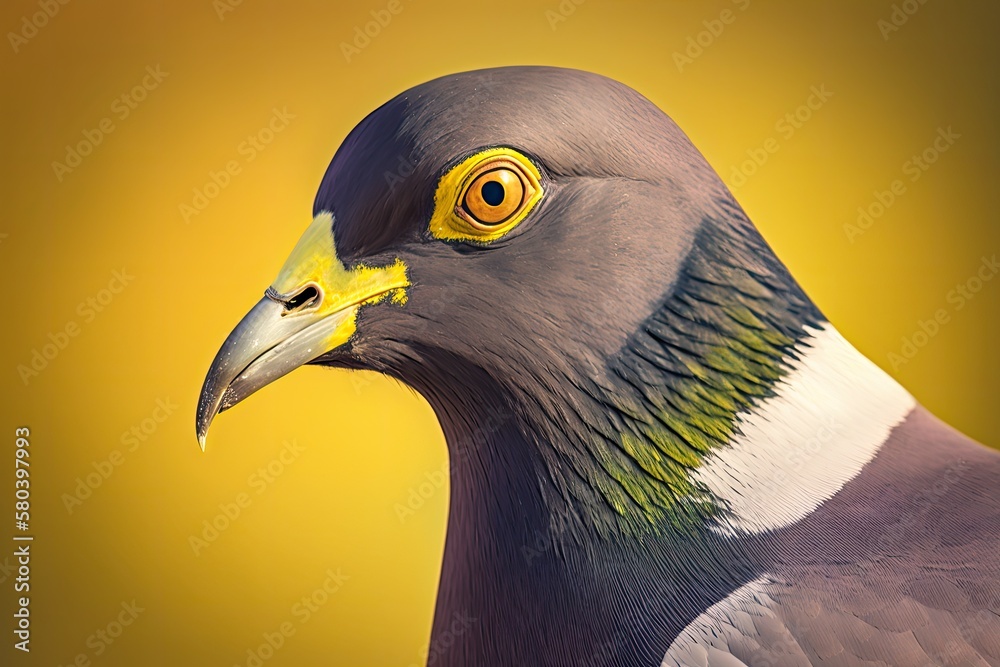 Wood Pigeon (Columba palumbus) Head Portrait with a bright yellow ...