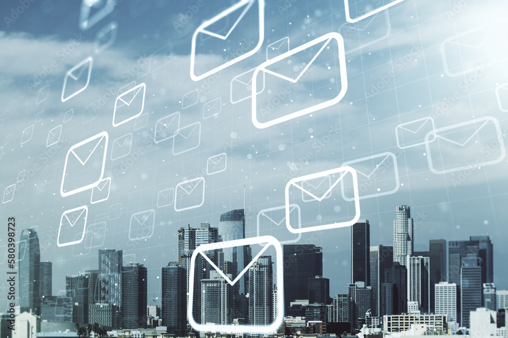 Abstract virtual postal envelopes illustration on Los Angeles skyline ...