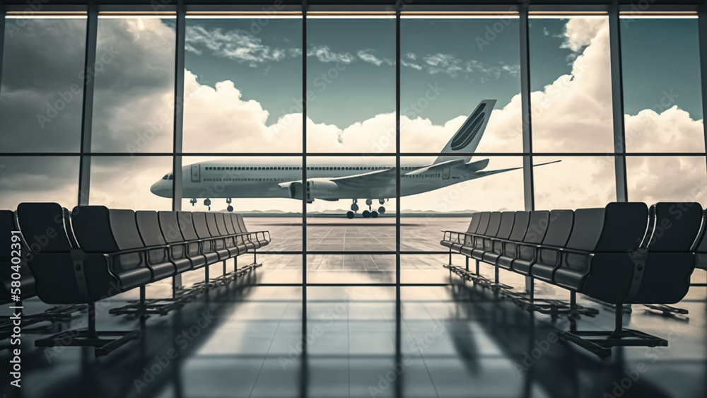 Empty airport terminal lounge with the airplane in the background. (AI ...