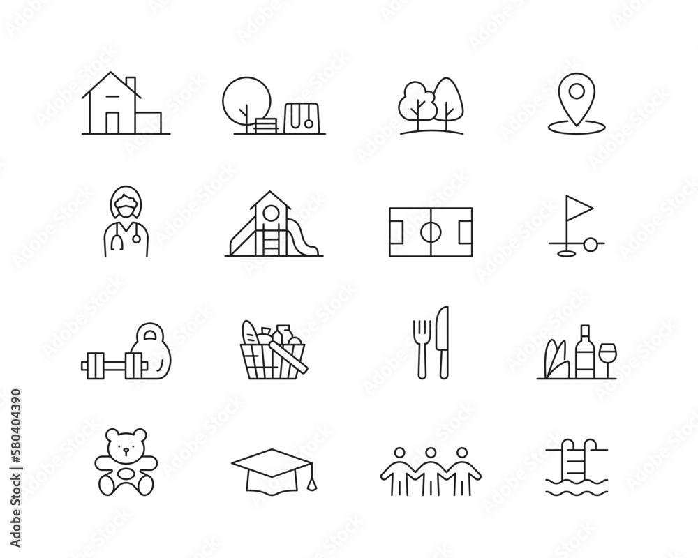 Residential community Icon collection containing 16 editable stroke ...