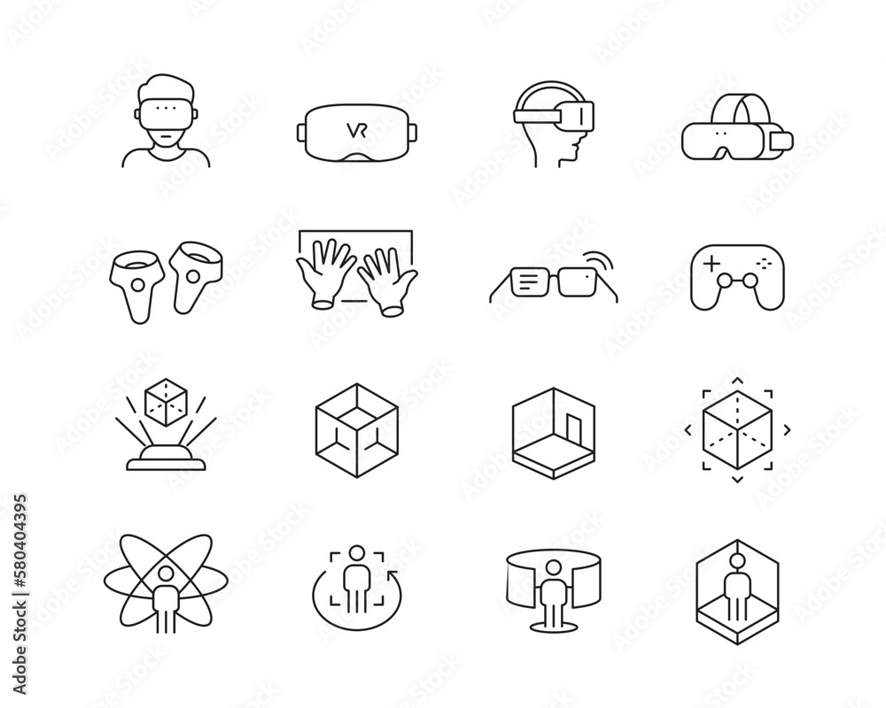 VR Virtual Reality Icon collection containing 16 editable stroke icons ...