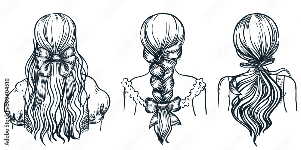 Women fashion hairstyles set. Vector hand drawn sketch illustration of ...