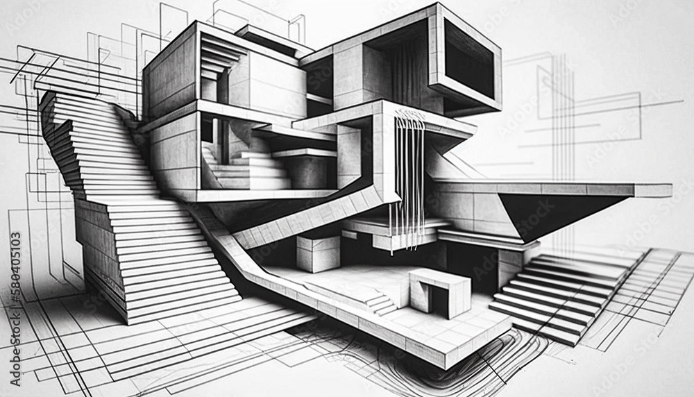Projet de bâtiment contemporain en perspective, dessin d'architecte ...