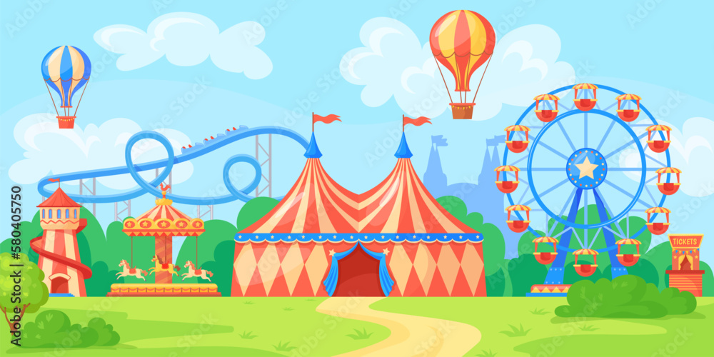 Fairground landscape. Panoramic amusement park, city entertainment in ...