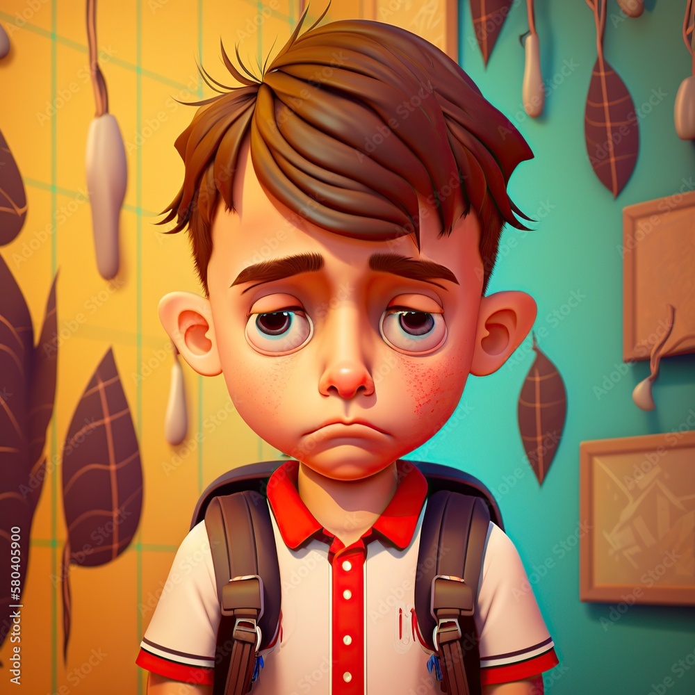 cartoon illustration, a sad schoolboy on a colorful background, ai ...