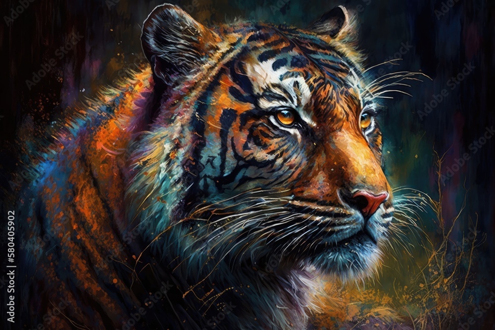The painting is of a tiger. Original oil painting. The tiger is bright ...