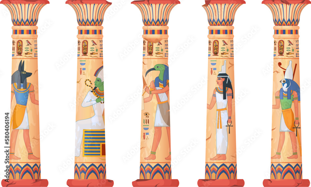 Egypt columns. Pillars of ancient egyptian temple, old stone or clay ...