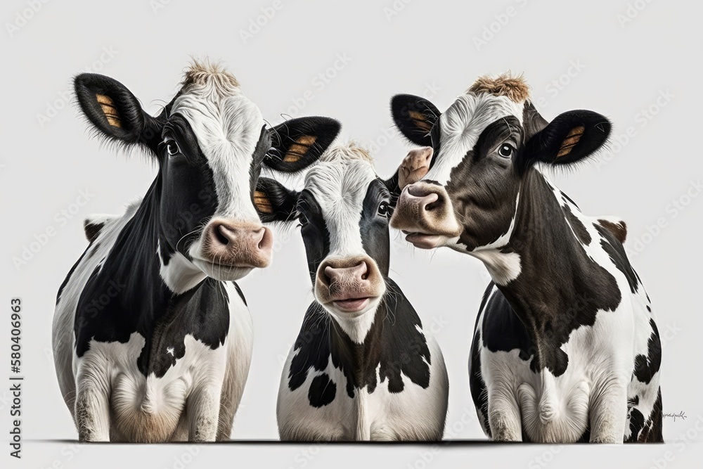 There are three funny cows on a white background by themselves. Three ...
