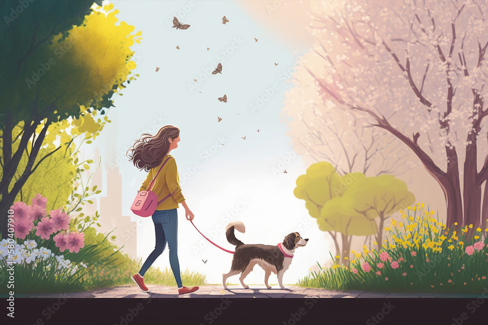 Woman walking dog in spring with flowers. Cute vector illustration in ...