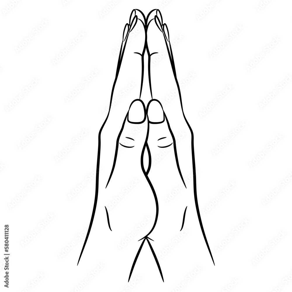 Two raised up human hands with folded palms. Praying or namaste gesture ...