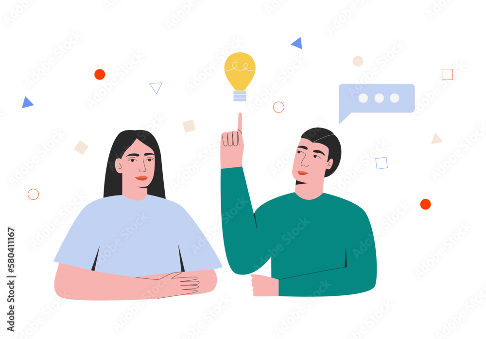 Two people sitting exchanging ideas illustration. Concept of learning ...