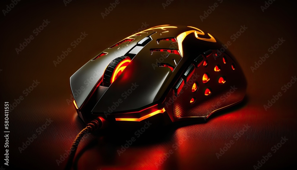 A black and gold gaming mouse is captured against a black background ...