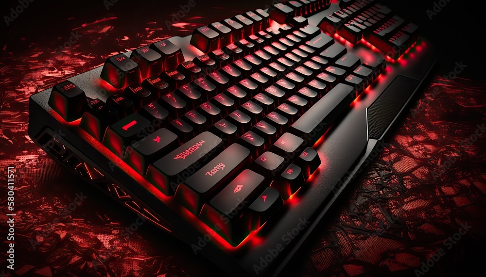 A black and red gaming keyboard with backlit keys on a black background ...