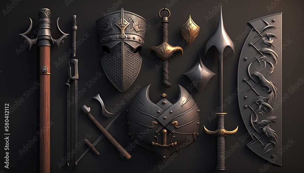 A set of classic medieval weapons, including swords, axes, and maces ...