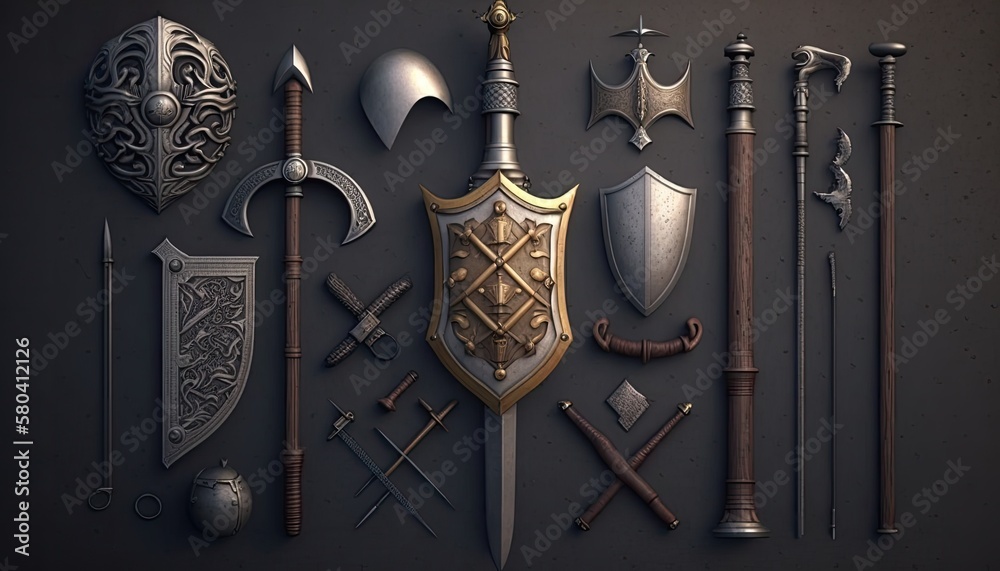 A set of classic medieval weapons, including swords, axes, and maces ...