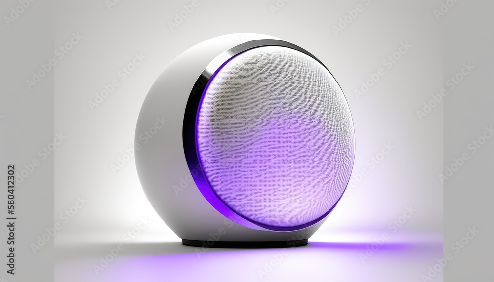 A sleek white and silver smart home assistant sits on a white ...