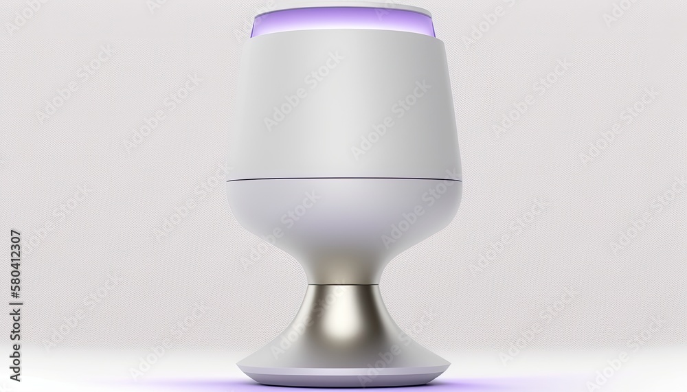 A sleek white and silver smart home assistant sits on a white ...