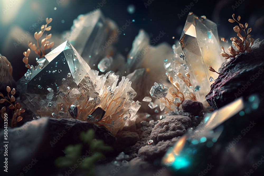 Quartz crystal cluster stone. Light environment with many cristals ...