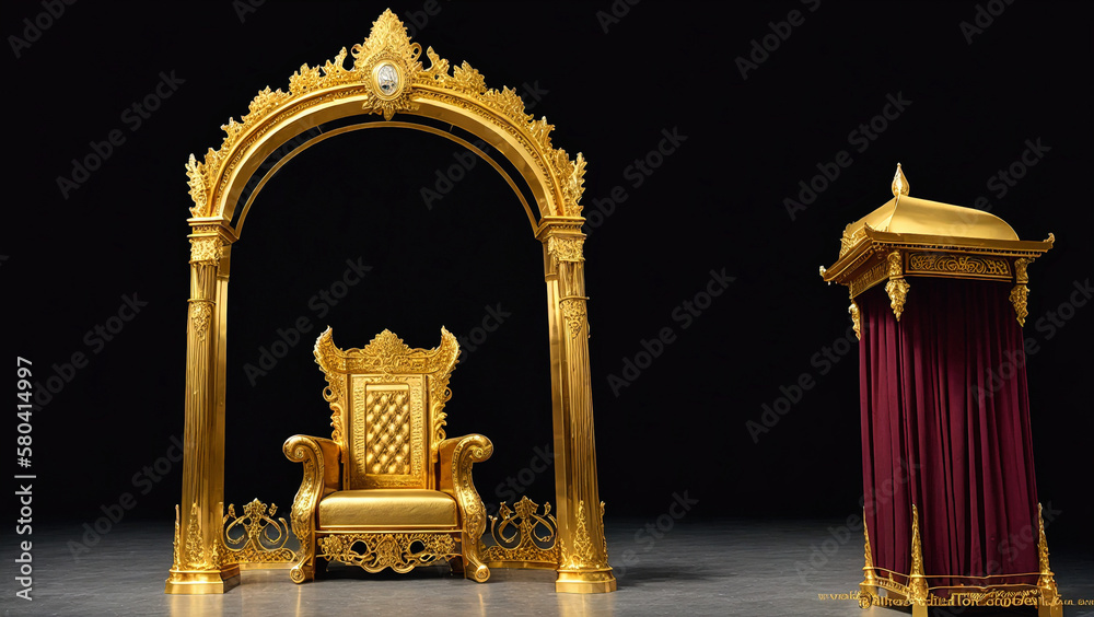 empty royal throne made of decorative gold in black room with golden ...