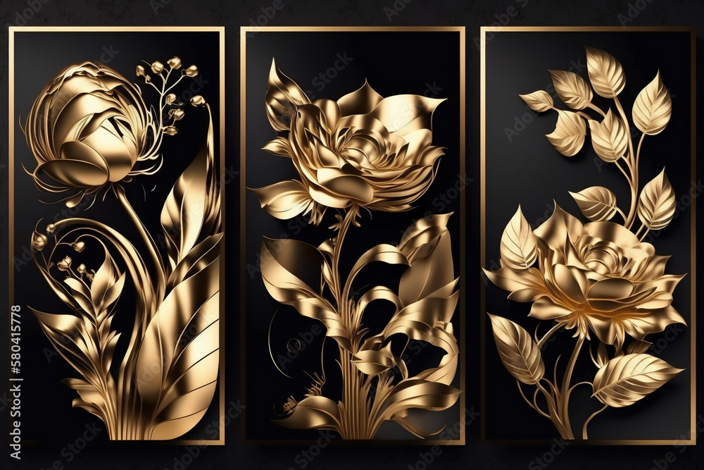 Set Of Artistic Posters Featuring Golden Roses, Set Of Golden Floral ...