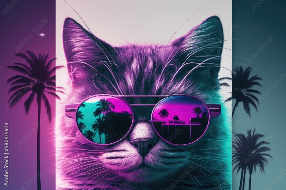 Retro wave synth vaporwave portrait of a cat wearing sunglasses and a ...